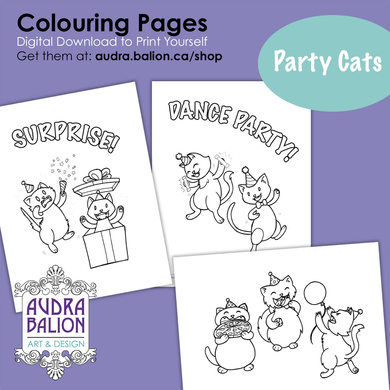 Party Cats! Colouring Pages - Audra Balion